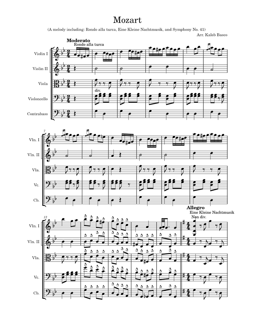 Mozart Sheet music for Contrabass, Violin, Viola, Cello (String Quintet) | Musescore.com