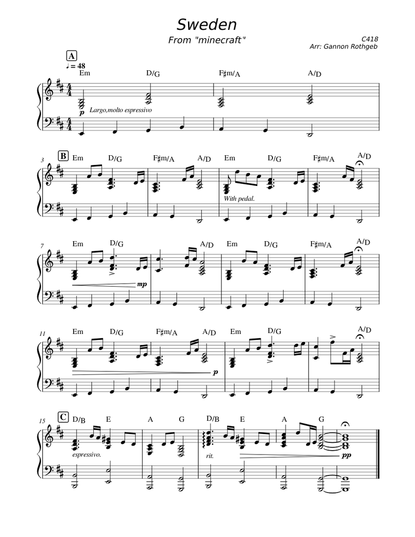 Sweden - Minecraft (For Piano) Sheet Music with Chords for Piano (Solo ...