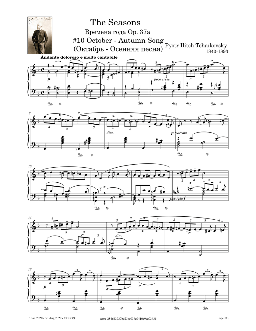 The Seasons, Op.37a, No.10, October – Pyotr Ilitch Tchaïkovsky Sheet ...