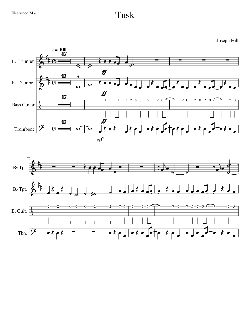 Tusk Sheet Music and Tab for Trombone, Trumpet in b-flat, Bass guitar ...