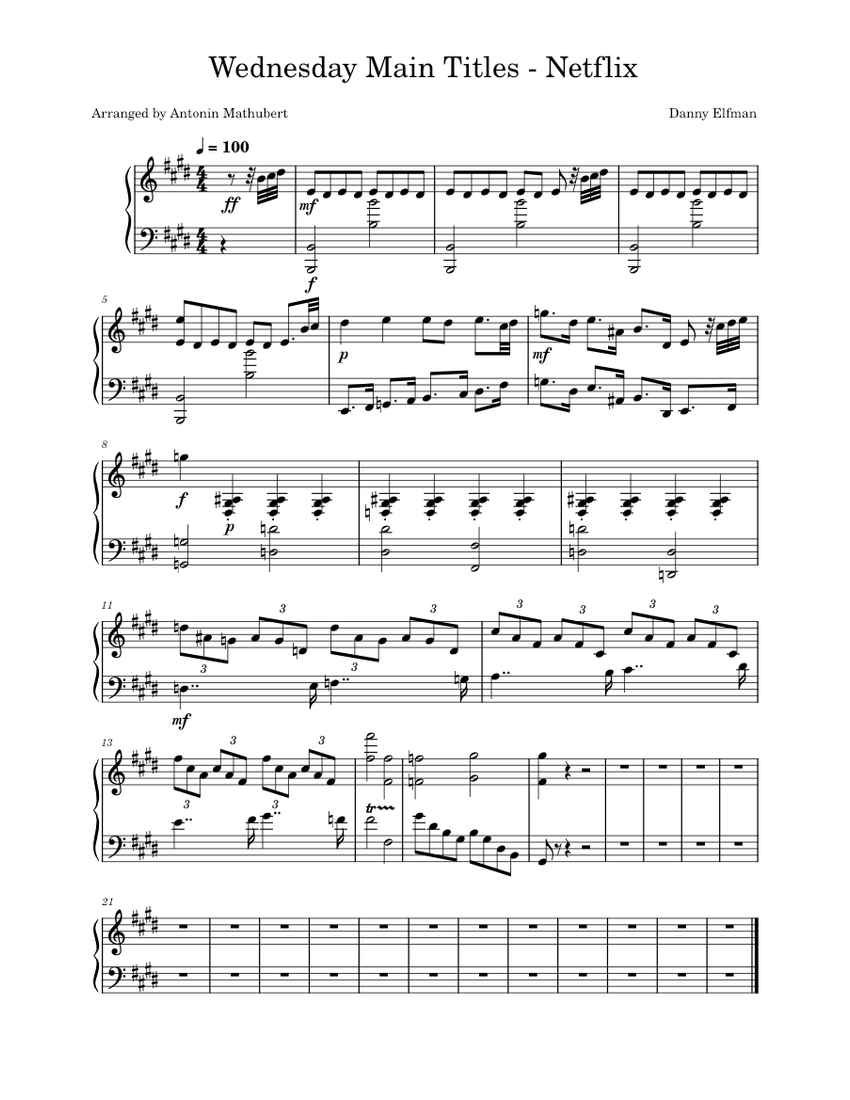 Wednesday Main Titles – Danny Elfman Sheet music for Piano (Solo ...