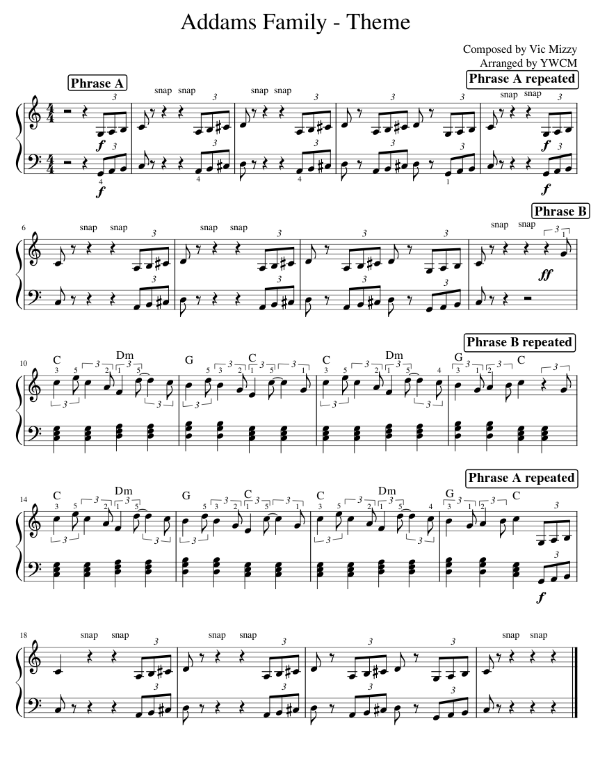 Addams Family Theme YWMC Melody Chords Sheet Music for Piano (Solo ...