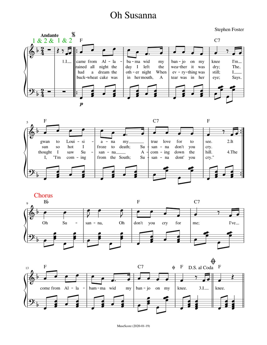 Oh Susanna - Stephen Foster Sheet Music with Chords for Accordion (Solo ...