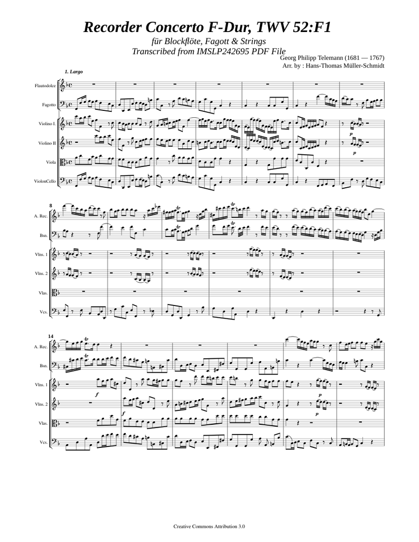 Telemann, G. P. Concerto F-Dur TWV 52:F1 [Rec, Bsn, Strings] Sheet Music for Bassoon, Strings ...