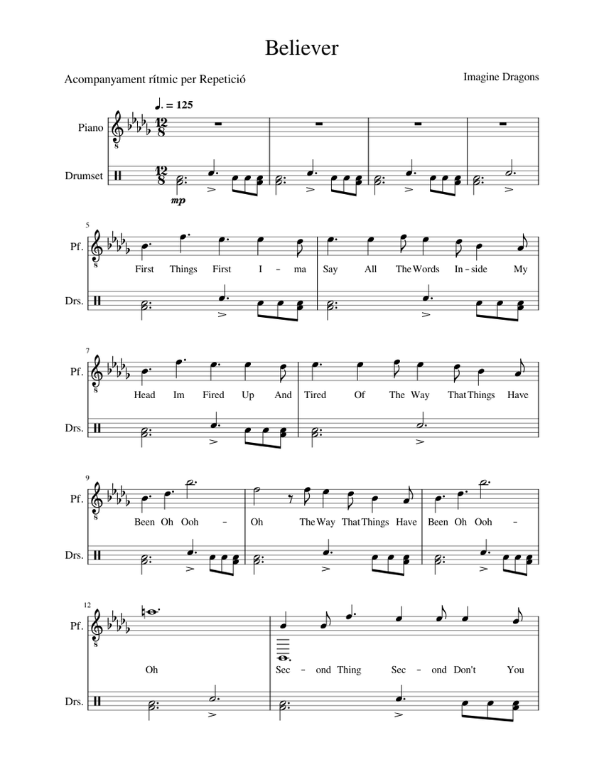 Believer – Imagine Dragons Sheet music for Piano, Drum group (Mixed ...