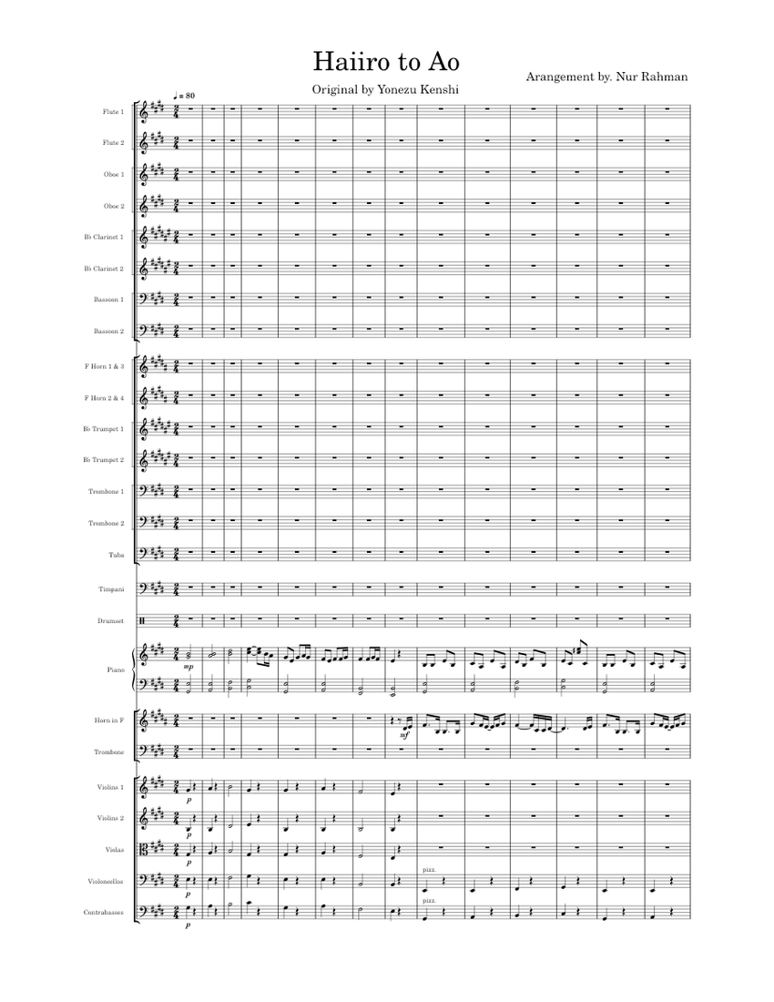 Haiiro to Ao - Yonezu Kenshi Sheet Music with Chords for Piano ...