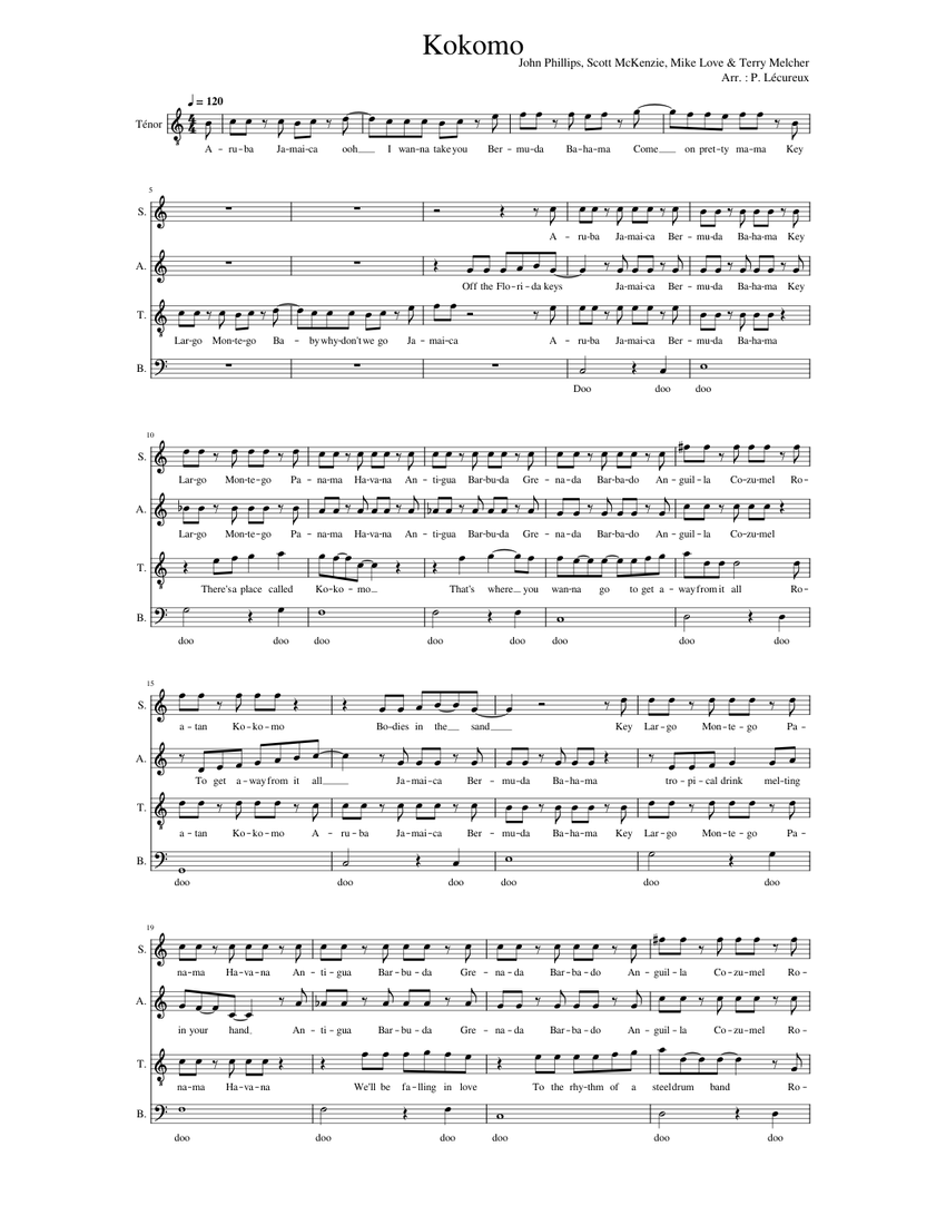 Kokomo – The Beach Boys Sheet Music for Soprano, Alto, Tenor, Bass ...