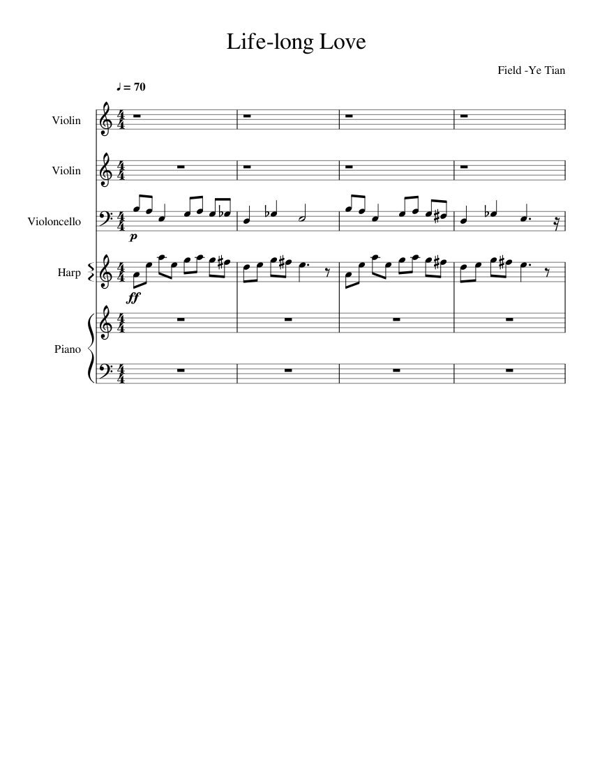 Life long Love - Field Tian Sheet music for Piano, Violin, Cello, Harp ...