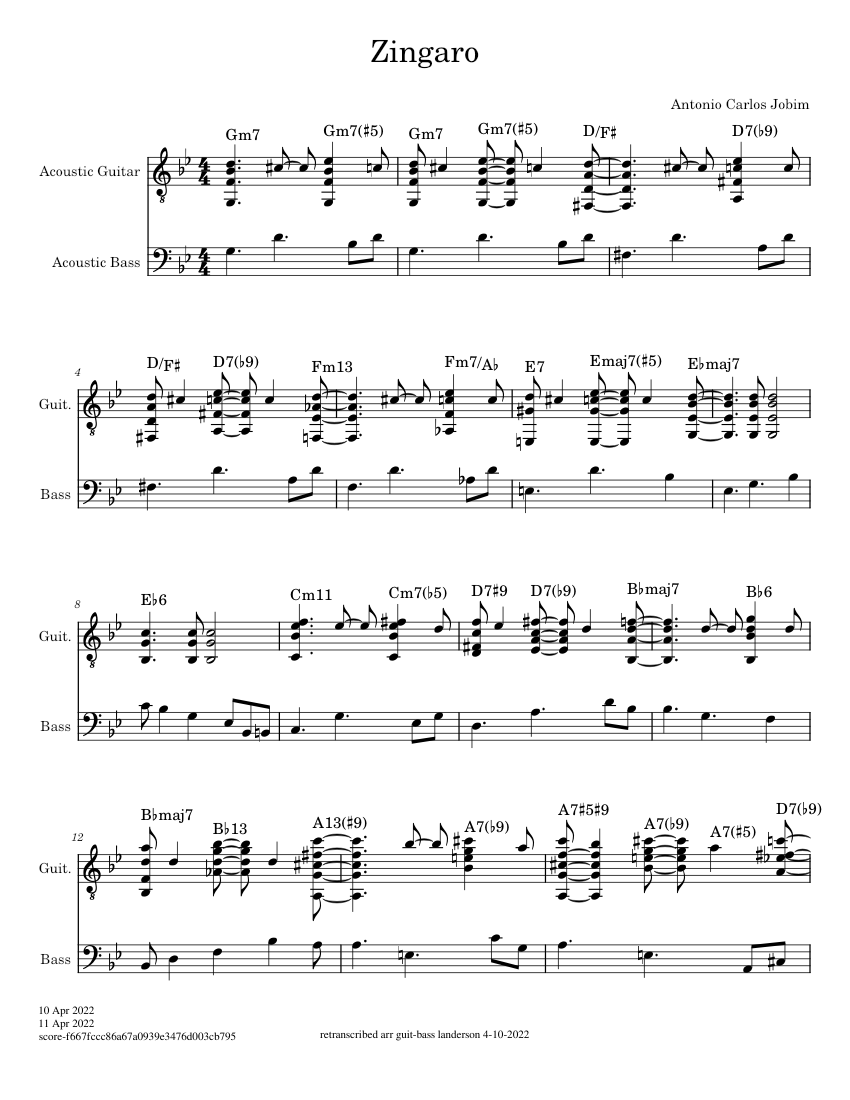 Zingaro – Antonio Carlos Jobim Sheet Music with Chords for Guitar, Bass ...