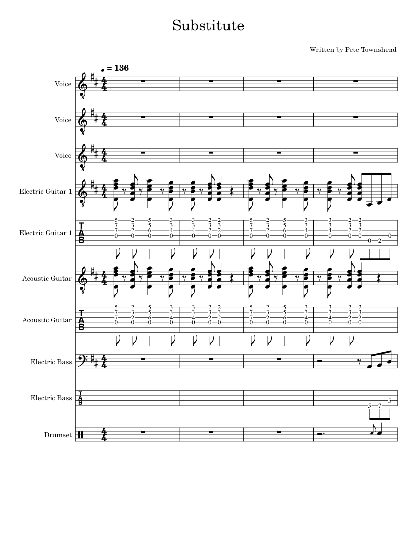 Substitute Sheet Music and Tab for Vocals, Guitar, Bass guitar, Drum ...