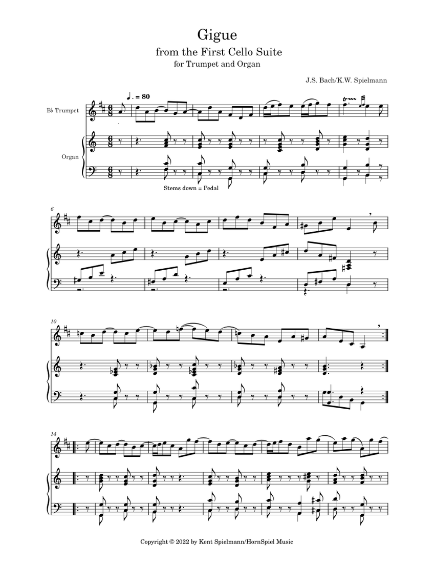 Gigue for trumpet and Organ from the First Cello Suite - J.S. Bach ...