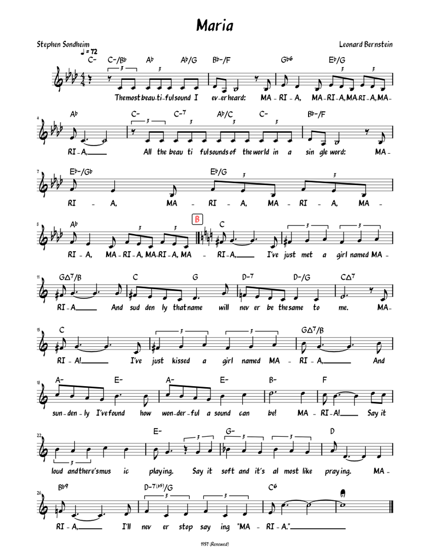 Maria (Lead sheet with lyrics ) Sheet Music with Chords for Piano (Solo ...