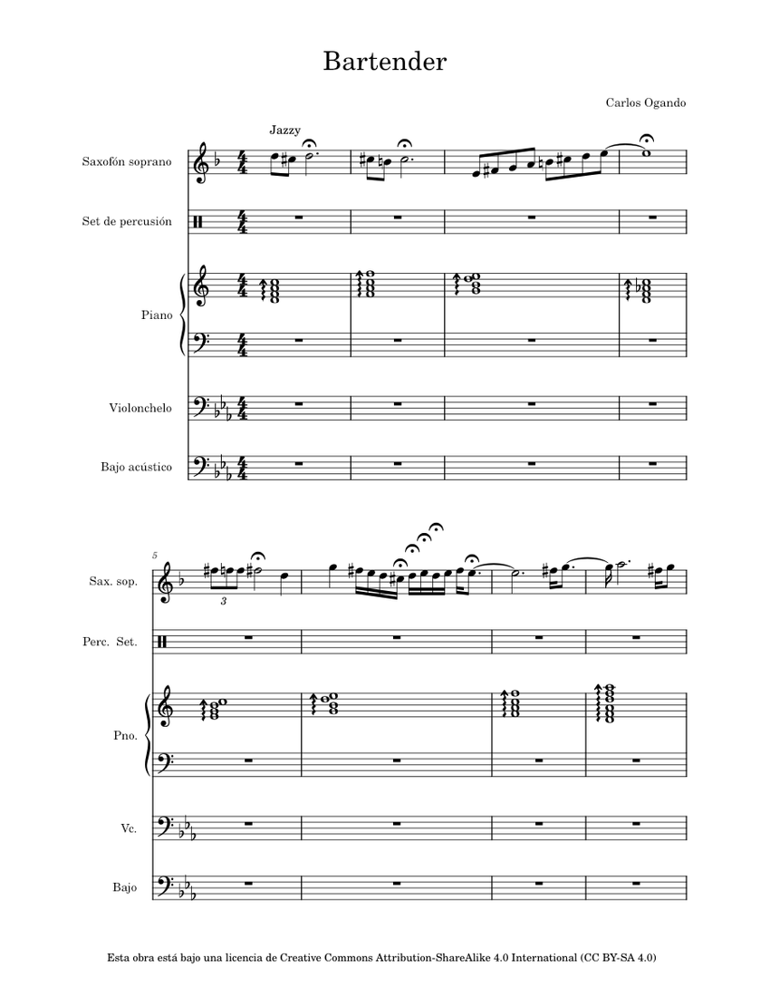 Bartender Sheet Music for Piano, Cello, Bass guitar, Drum group & more ...