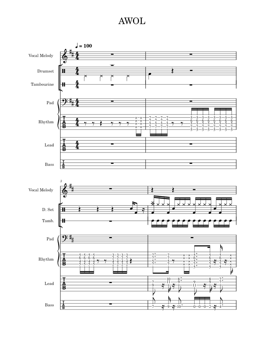 AWOL (Tablature) Sheet music for Piano, Vocals, Tambourine, Guitar ...