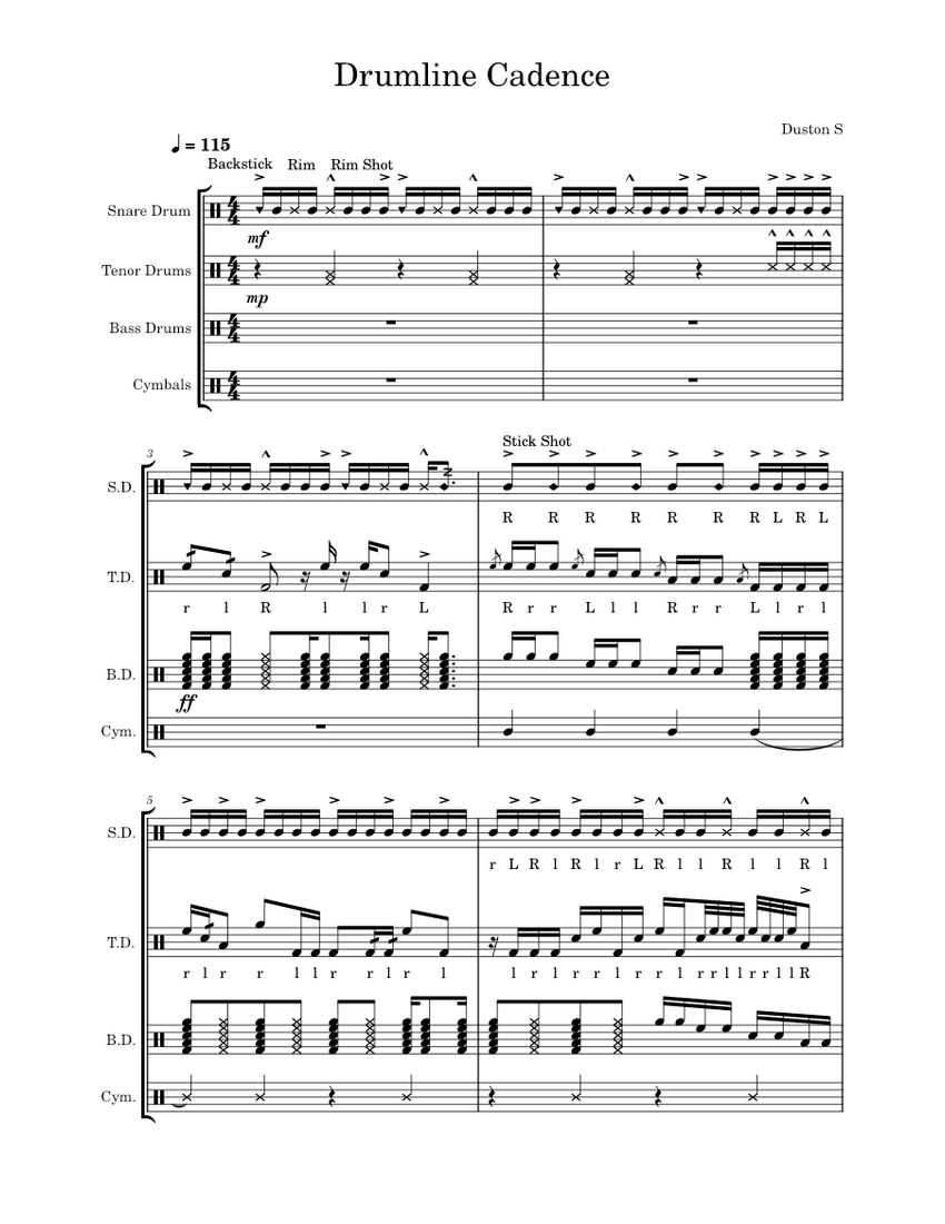 Drumline Cadence Sheet music for Snare drum, Crash, Tenor drum, Bass drum (Percussion Ensemble ...