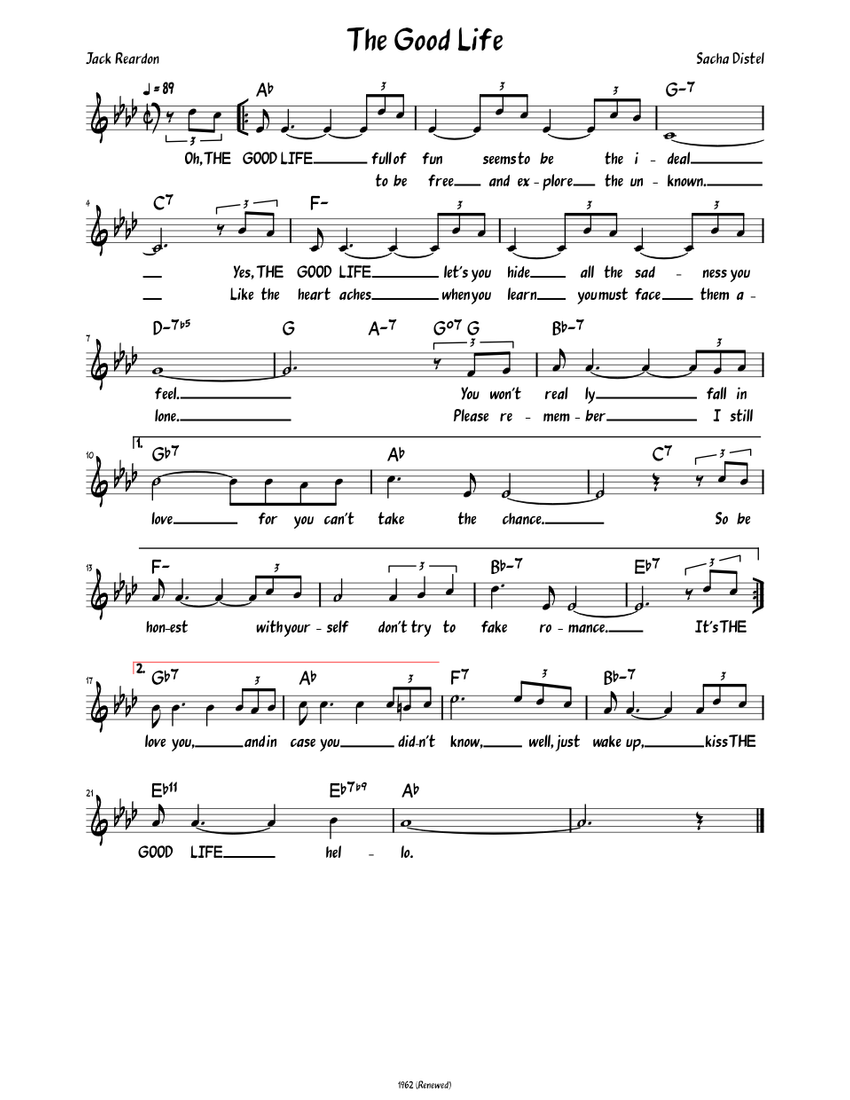The Good Life (Lead sheet with lyrics for tablet viewing ) Sheet music ...