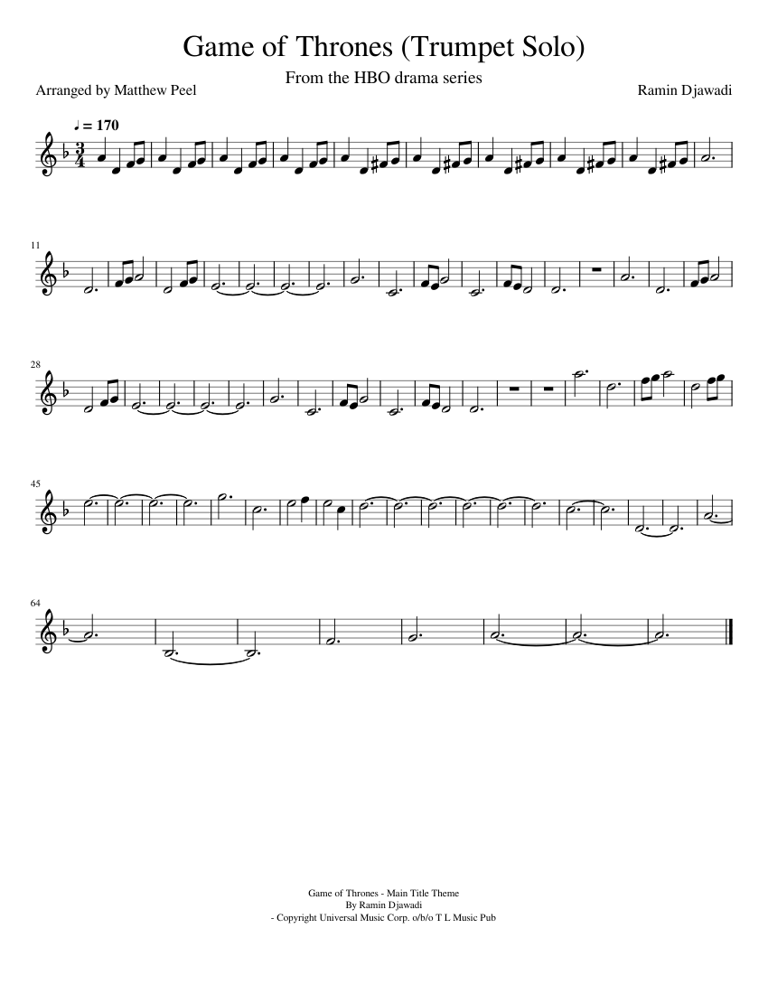 Game of Thrones Trumpet Solo Sheet Music for Trumpet in b-flat (Solo ...