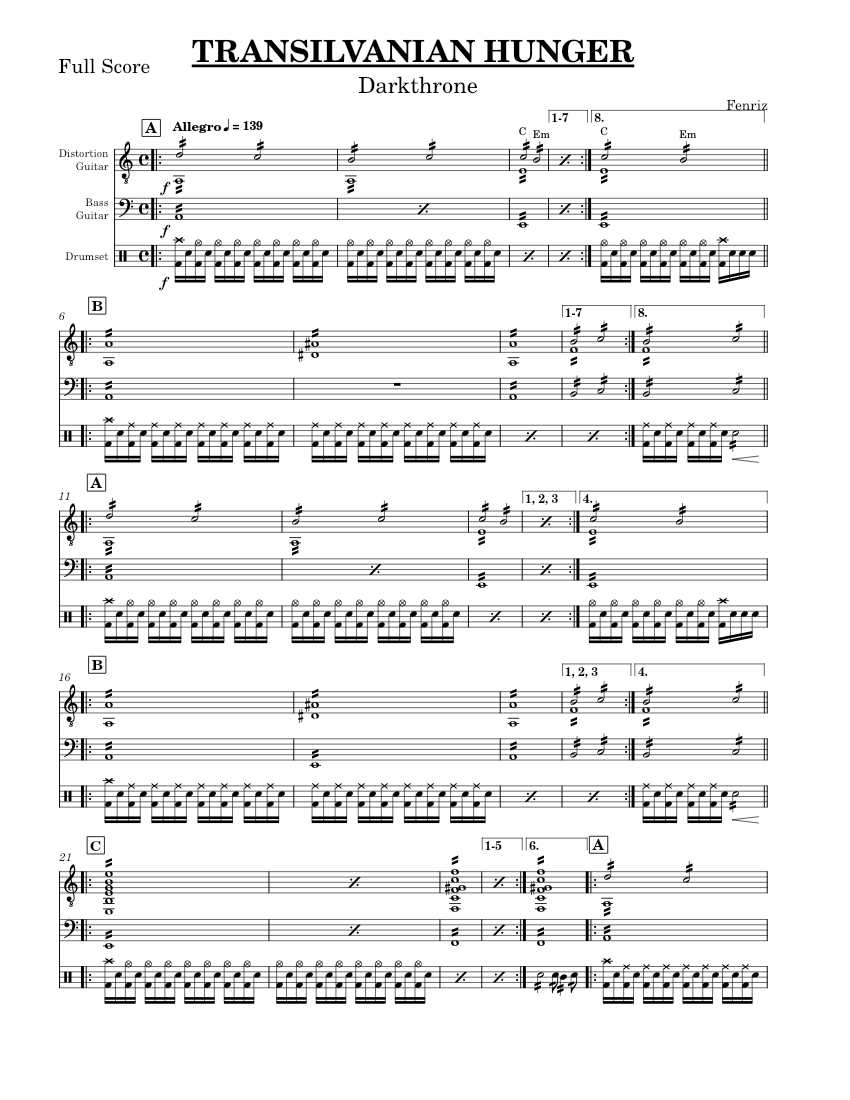 Transilvanian hunger – Darkthrone Sheet music for Guitar, Bass guitar ...