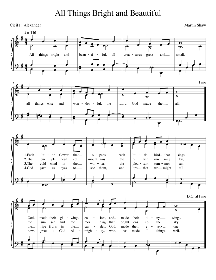 All Things Bright and Beautiful Sheet Music for Piano (Solo) Easy ...