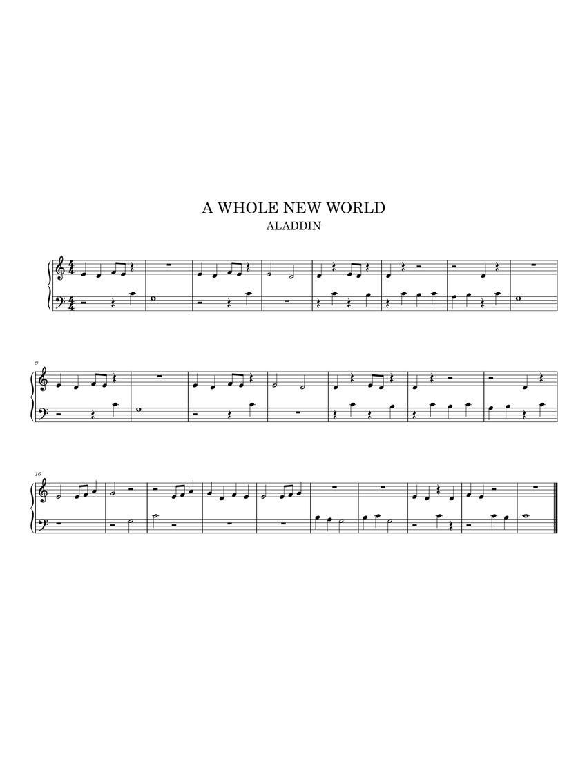 Initiation A WHOLE NEW WORLD Sheet Music for Piano (Solo) Easy ...