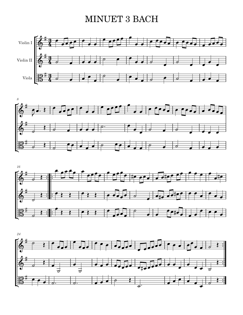Minuet 3 Bach Sheet Music for Violin, Viola, Cello (String Quartet ...