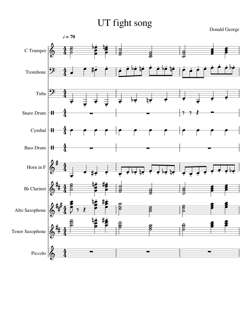 UT fight song Sheet Music for Piano, Trombone, Tuba, Flute piccolo ...