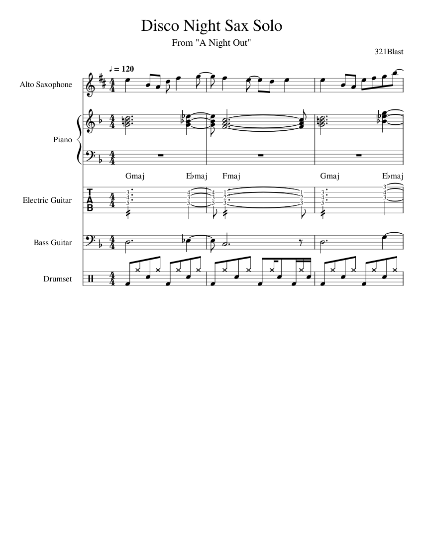 Disco Night Sax Solo Sheet music for Piano, Saxophone alto, Guitar ...