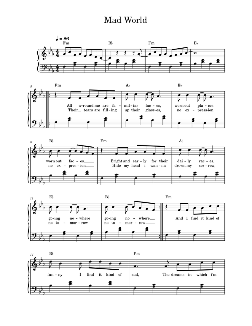Mad World – Gary Jules Sheet Music for Piano (Solo) Easy | MuseScore.com