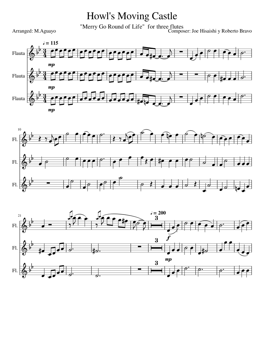Howls Moving Castle For Three Flutes Sheet Music for Flute (Woodwind ...