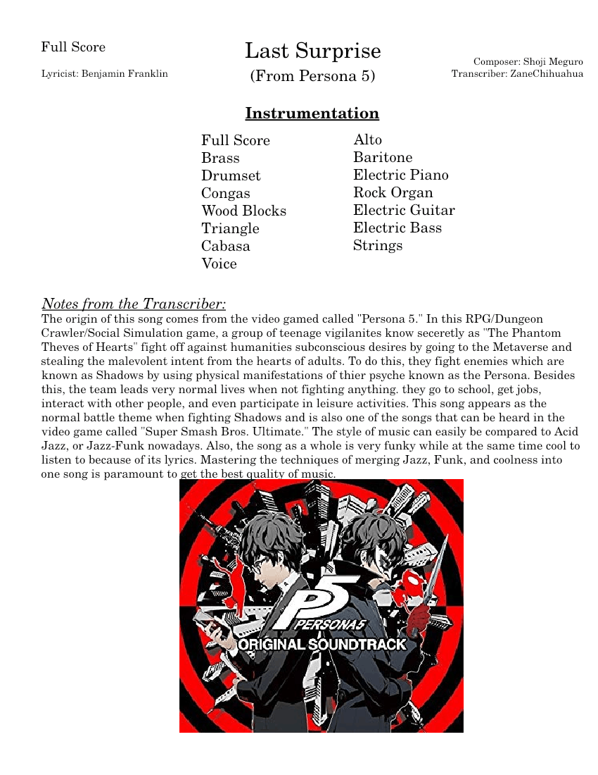 Last Surprise From Persona 5 - Shoji Meguro Sheet Music for Piano, Alto ...