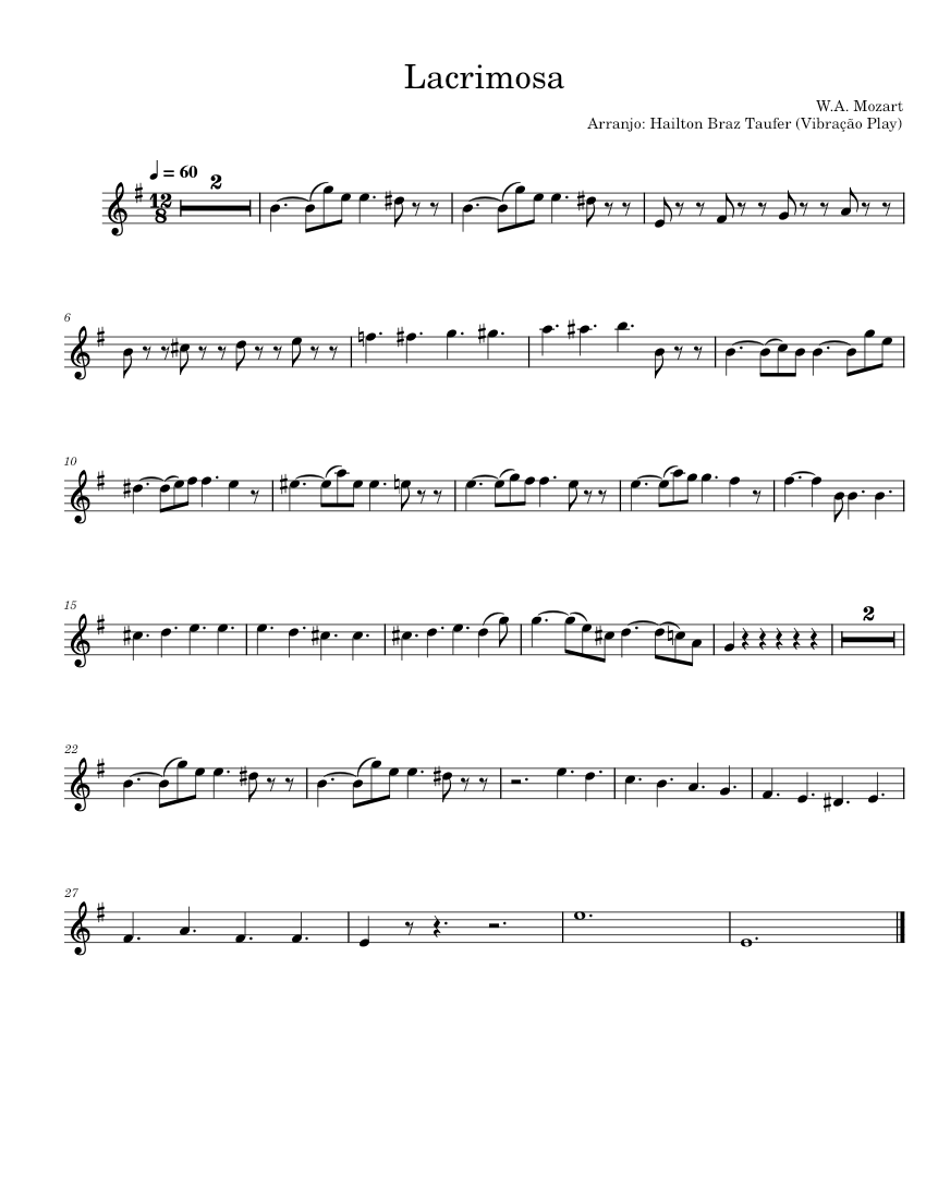 Lacrimosa Requiem (Partituras Vibração Play) Sheet Music for Violin ...