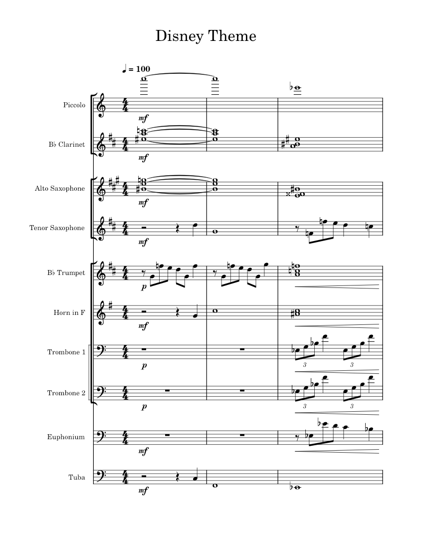 Disney Opening Theme – Disney Sheet Music for Trombone, Euphonium, Tuba ...