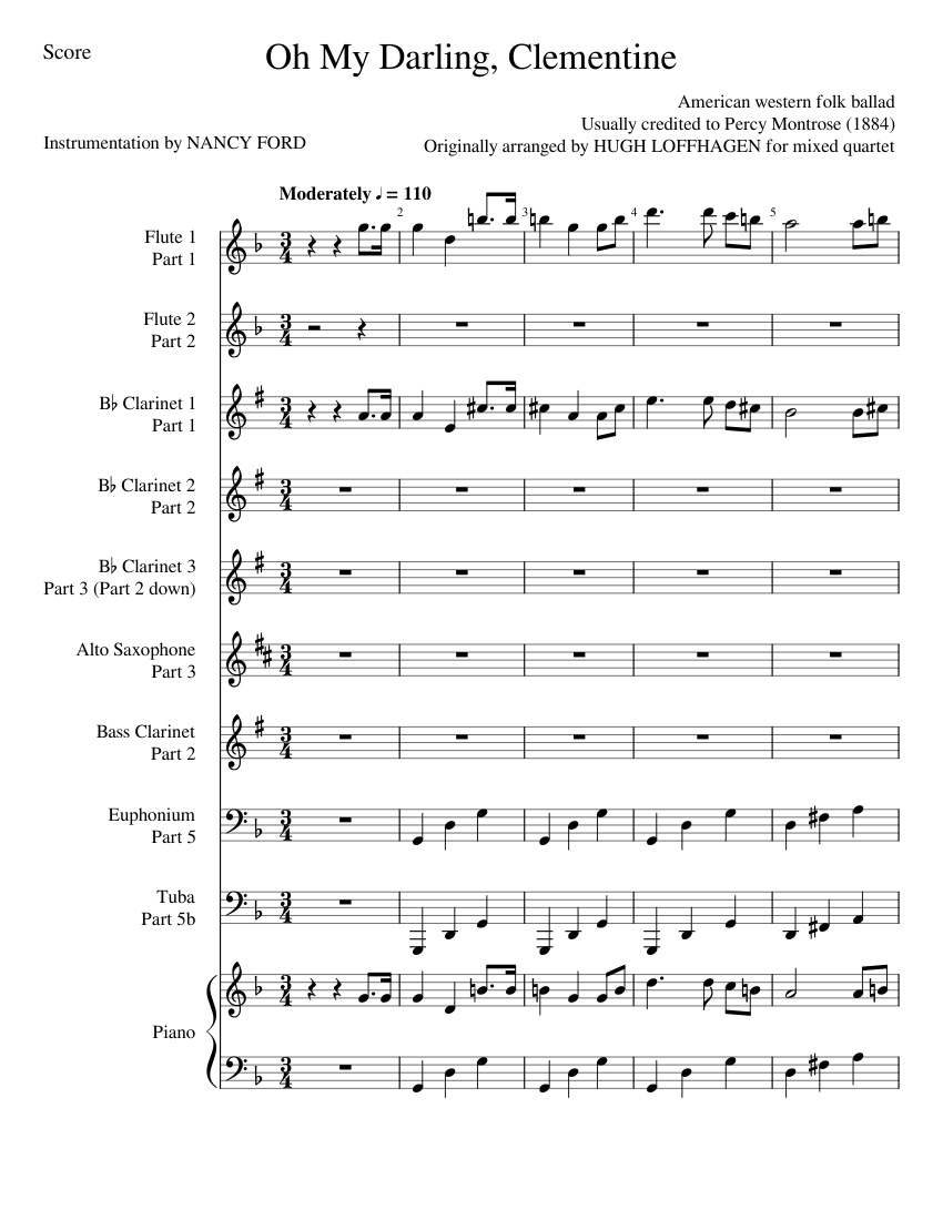 Oh My Darling, Clementine - Percy Montrose (for wind ensemble) Sheet ...