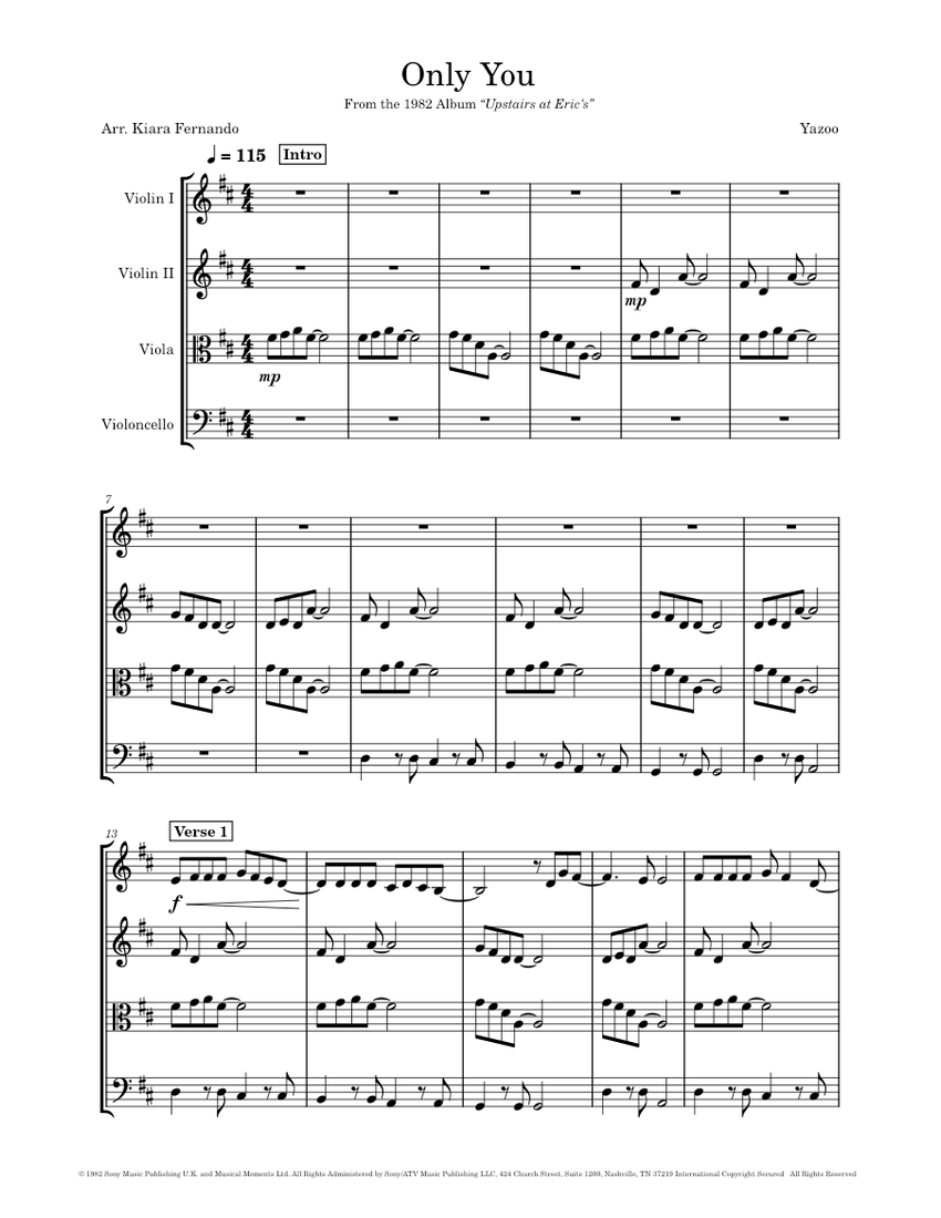 Only You – Vince Clarke Sheet Music for Violin, Viola, Cello (String ...