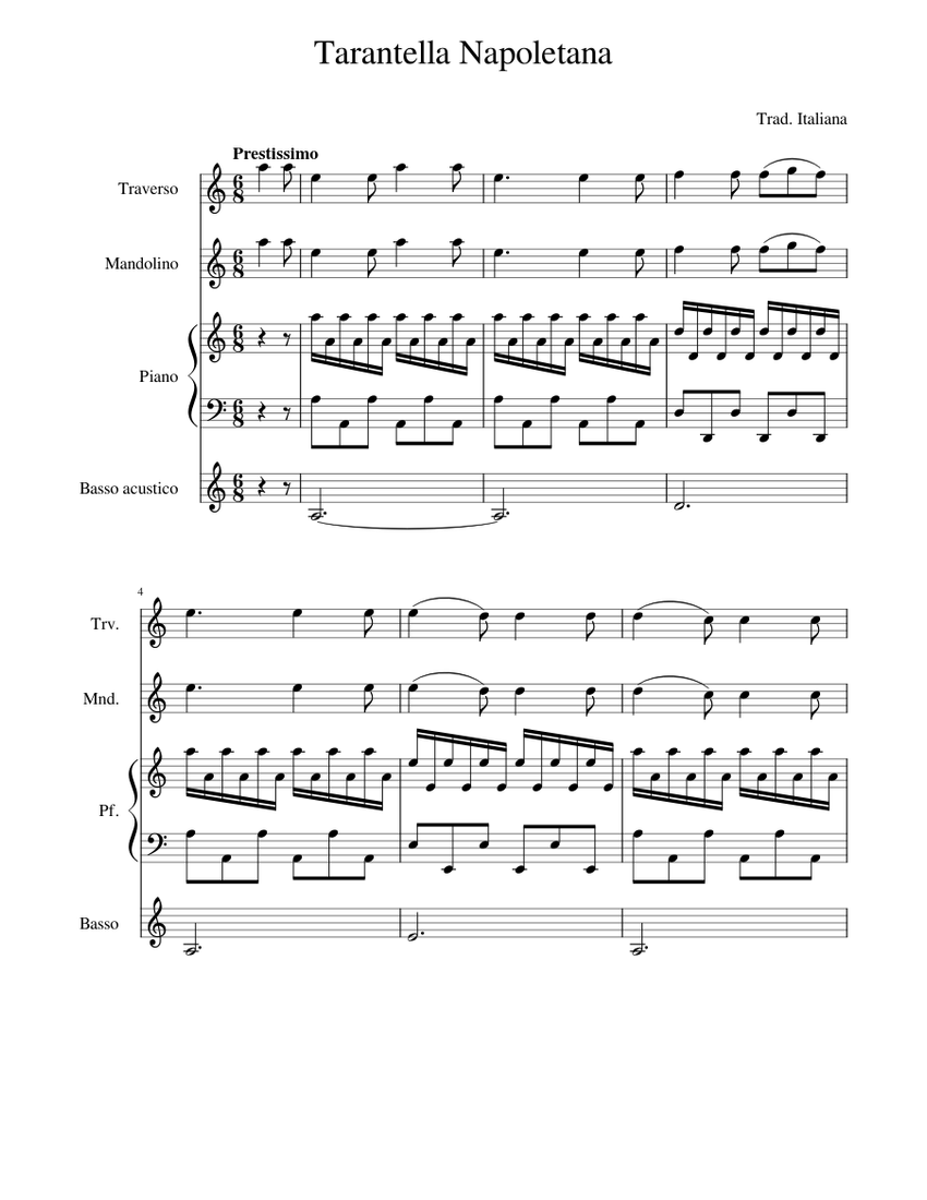 Tarantella Napoletana – Trad. Italy Sheet Music for Piano, Flute, Bass ...