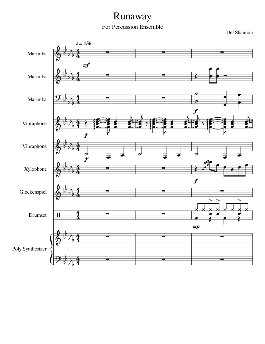 Runaway - Del Shannon (Percussion Ensemble) [WIP] Sheet Music for ...