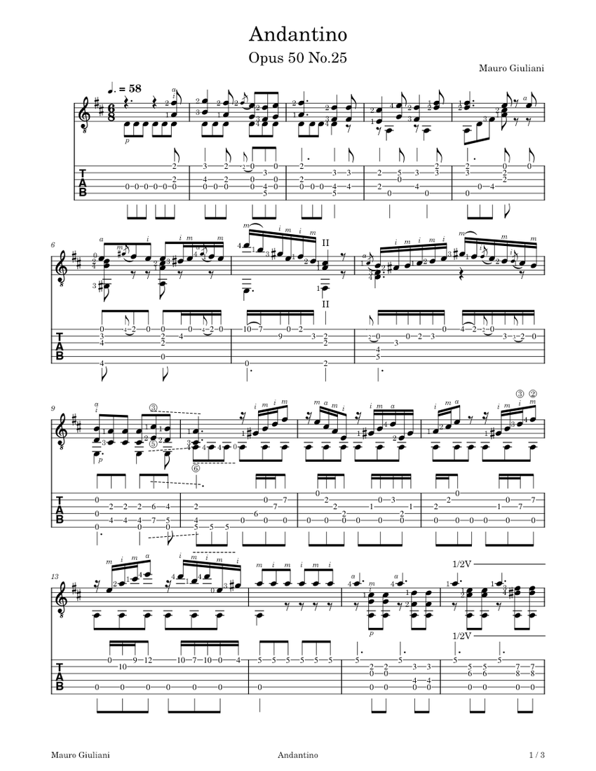 Andantino Op.50 No25-Mauro Giuliani Sheet music for Guitar (Solo ...