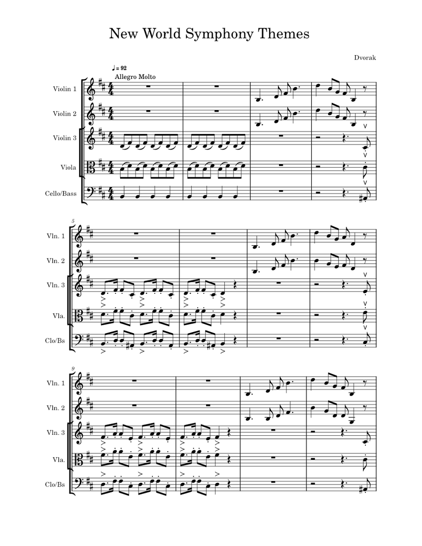 Dvořák New World Symphony No 9 Themes Sheet Music for Violin, Viola ...