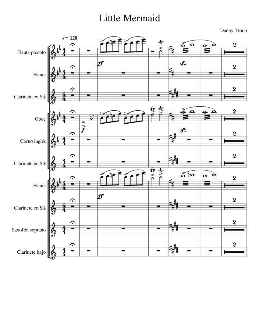 Little Mermaid Sheet Music for Flute piccolo, Flute, Oboe, Clarinet in ...
