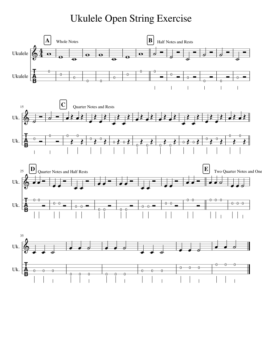 Ukulele Open String Exercise with Staff and Tab Sheet Music for Ukulele ...