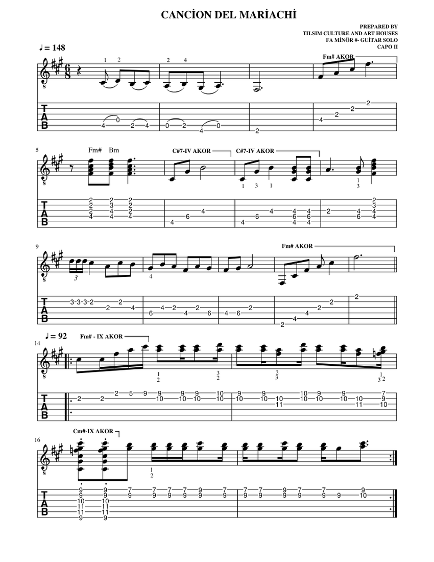 Cancion del mariachi Sheet Music and Tab for Guitar (Solo) | MuseScore.com