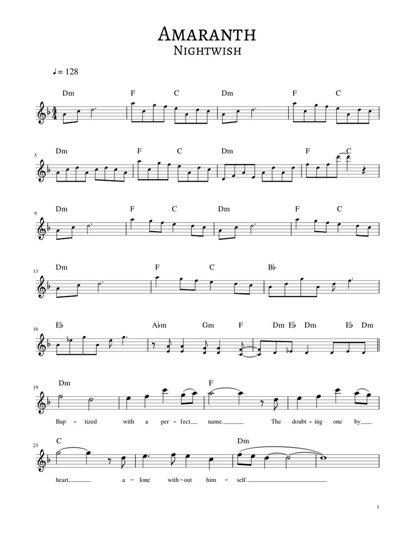 Amaranth – Nightwish Sheet Music with Chords for Piano (Solo) Easy ...