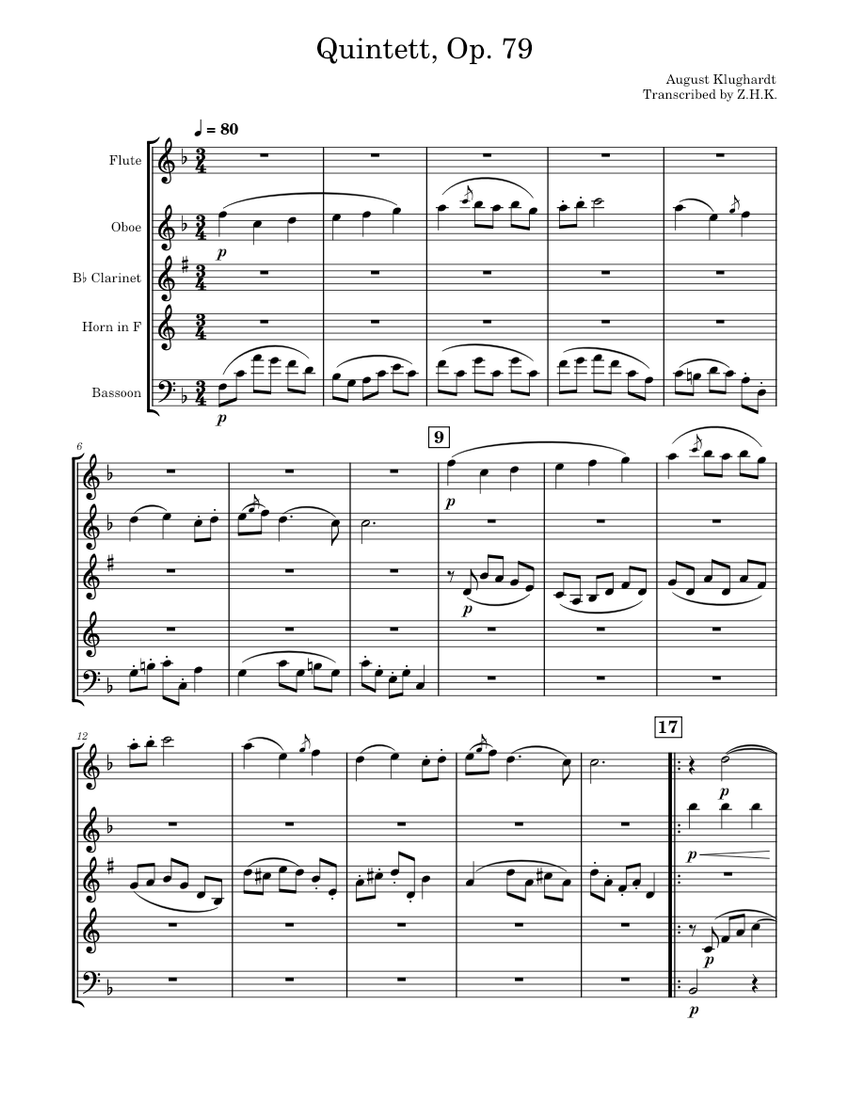 Wind Quintet, Op.79 – August Klughardt Sheet Music for Flute, Oboe, Clarinet in b-flat, Bassoon ...
