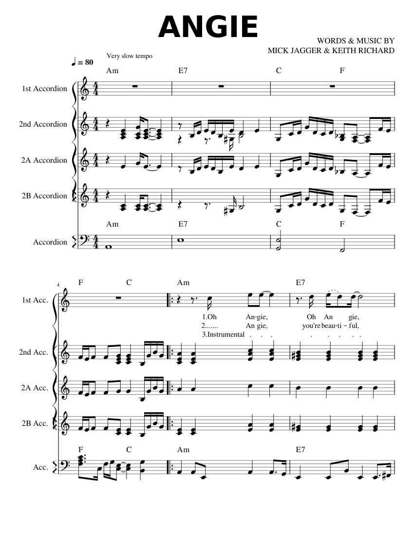 ANGIE Sheet Music for Accordion (Piano Trio) | MuseScore.com