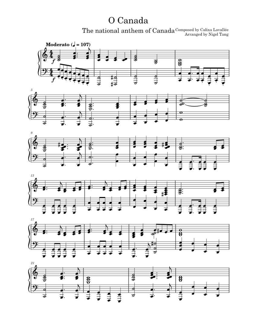 O Canada Sheet Music for Piano (Solo) easy | MuseScore.com