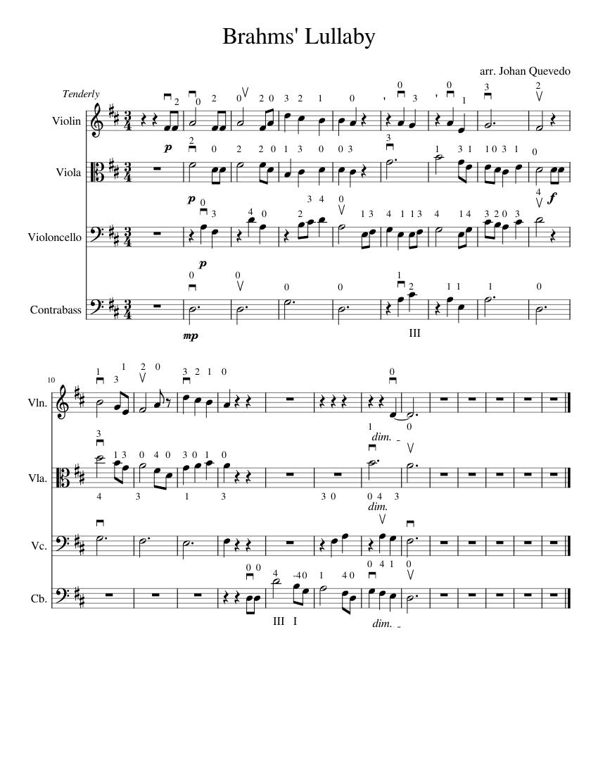 Brahms' Lullaby Sheet Music for Contrabass, Violin, Viola, Cello (Mixed ...