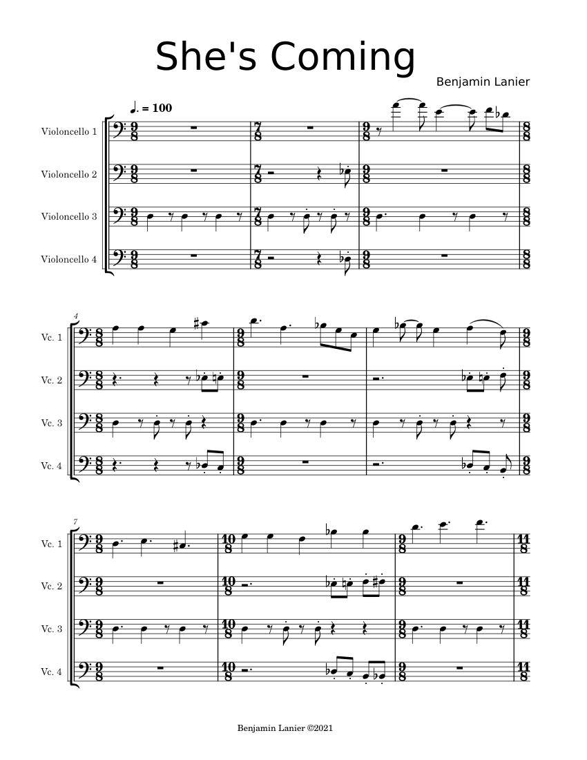 She's Coming Sheet music for Cello (Mixed Quartet) | Musescore.com