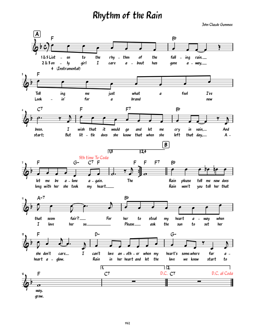Rhythm of the Rain (Lead sheet with lyrics ) Sheet Music with Chords ...