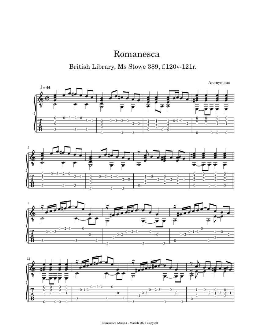 Romanesca – Anonymous - Tablature Sheet music for Guitar (Solo ...