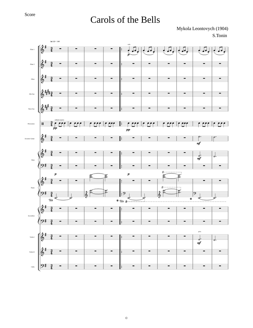 Carol of the Bells - school orchestra Sheet Music with Chords for Piano ...